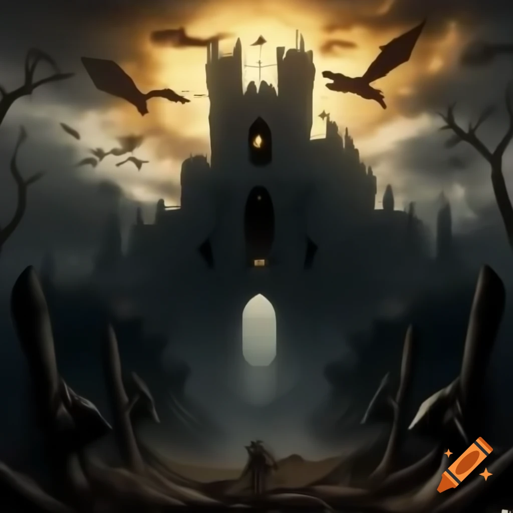 Dark fantasy scene with skeletons and dragons at ancient crumbling ...