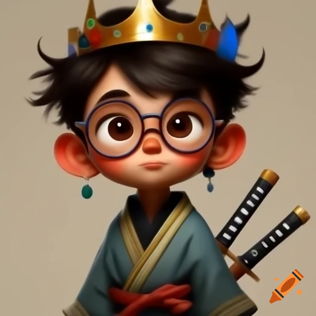 Realistic cartoon of chill boy in hoodie and crown with round black sunglasses holding katana on ...