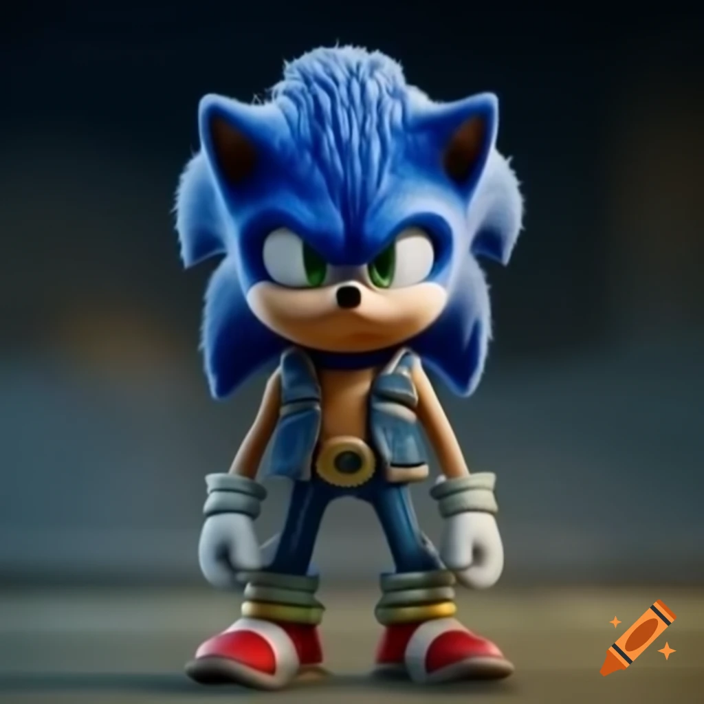 Sonic the Hedgehog in jeans and denim jacket on sunny green hill level ...
