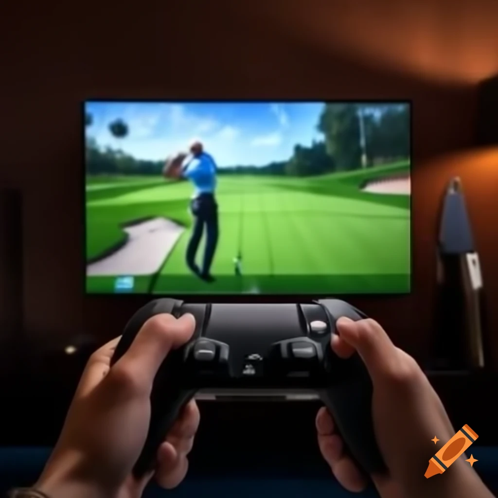 Larry David playing golf video game on PlayStation 2 in mansion on Craiyon
