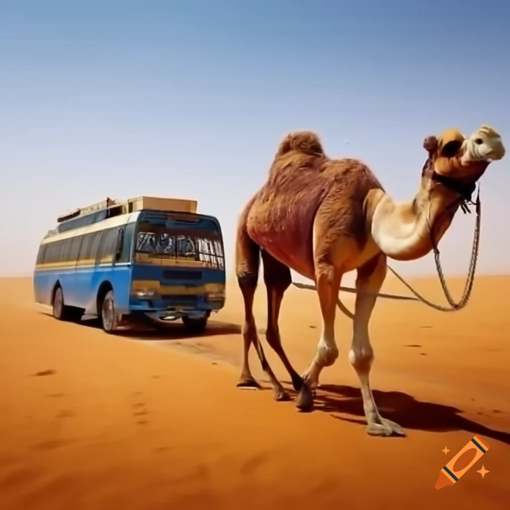 Camel pulling bus with chain in desert landscape on Craiyon