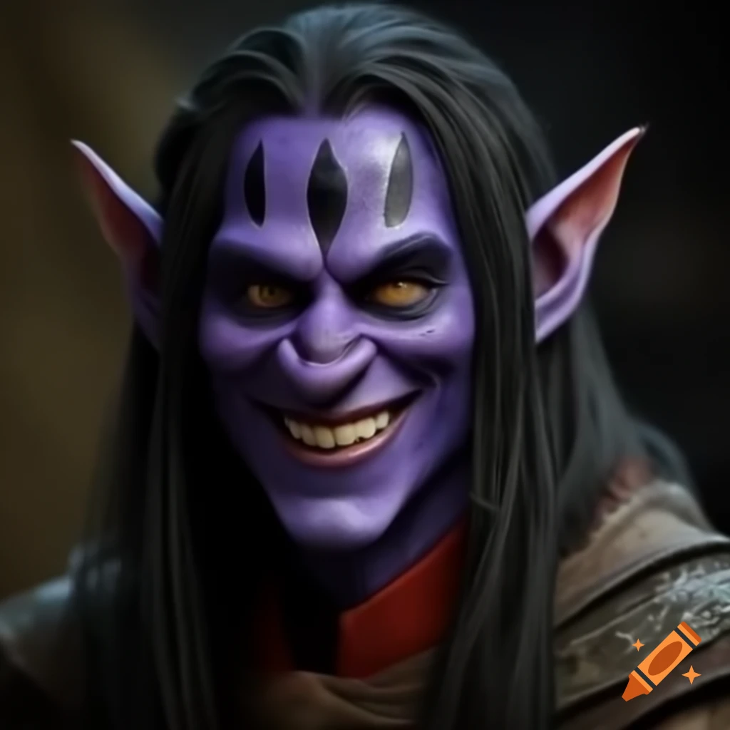 Realistic purple-skinned elf in mage outfit with distinctive painted ...