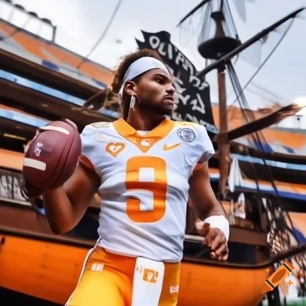 Quarterback wearing hoop earrings and durag sailing pirate ship in ...