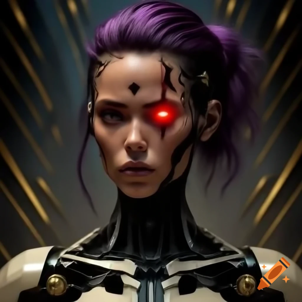 Cyborg woman with half metal face, cyber eye, and aubergine hair on Craiyon