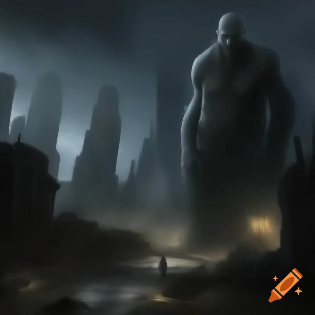 Dark abandoned city at night with towering humanoid figures in mist on ...