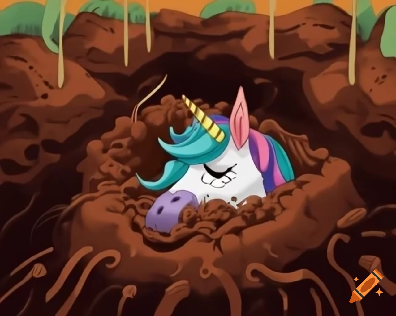 Unicorn head sinking into muddy manure in a dark 2D drawing on Craiyon