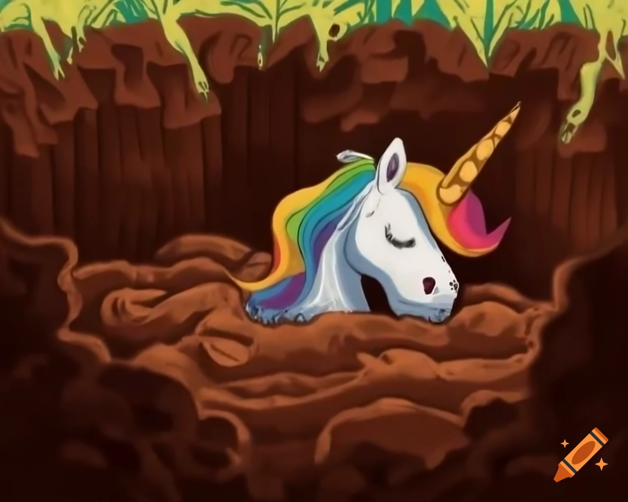 Unicorn head sinking into muddy dung heap, 2D colored drawing on Craiyon