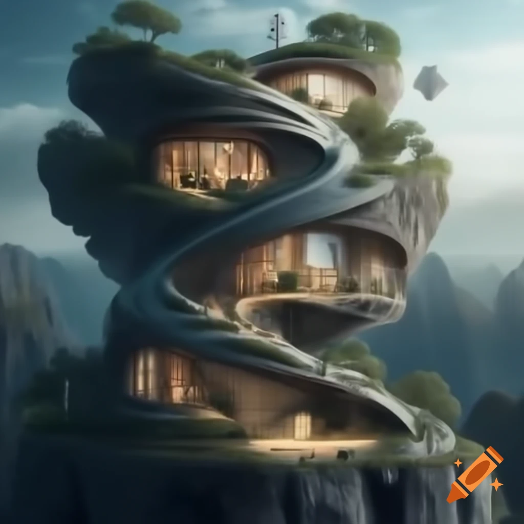 Spiraling airy home on cliff with floating platforms and bridges ...