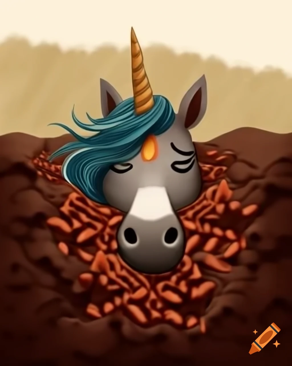 Sad unicorn head closeup in muddy manure heap, dark 2D drawing on Craiyon