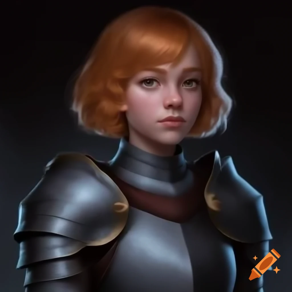 Young knight woman in dark armor with short wavy ginger hair on Craiyon