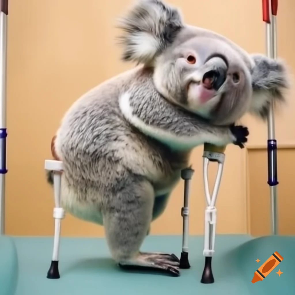 Koala using medical crutches with a leg in a cast on Craiyon