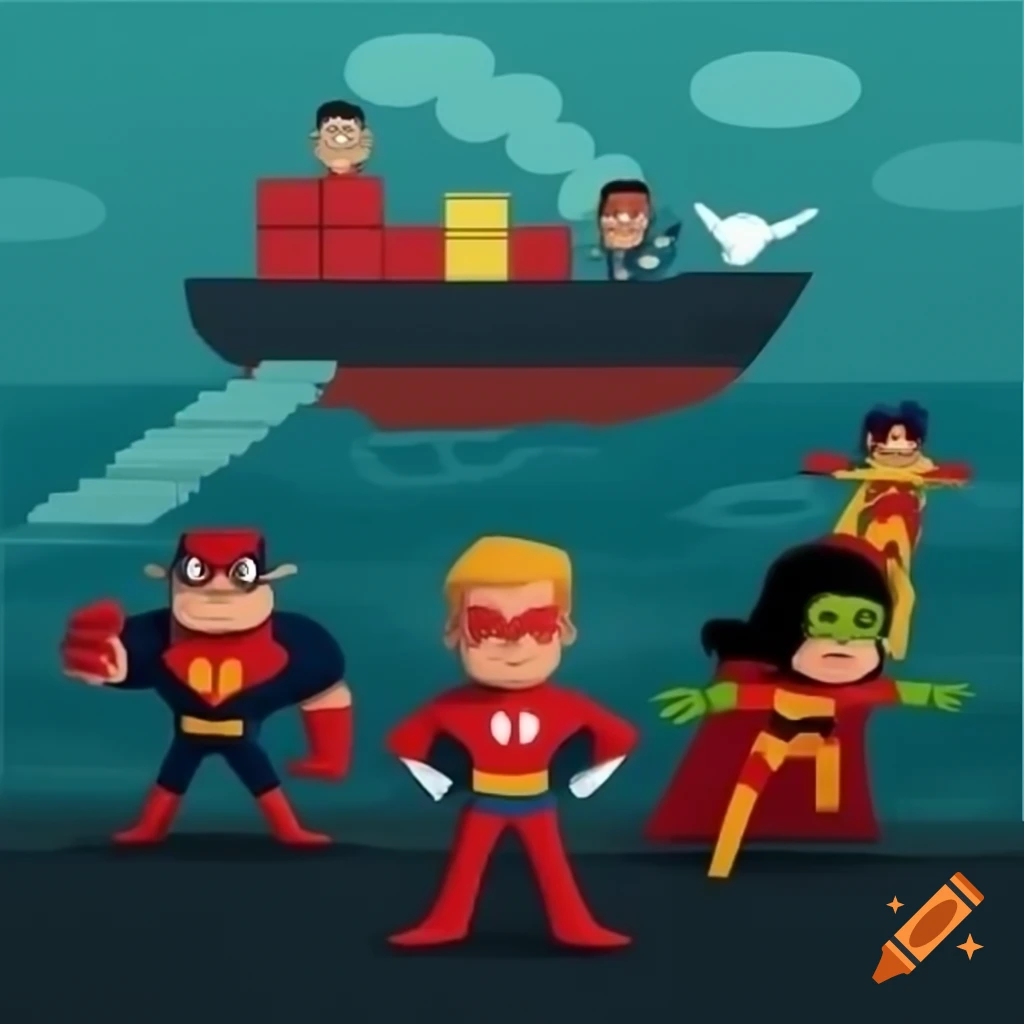 Cartoon superheroes posing confidently in front of large shipping ...