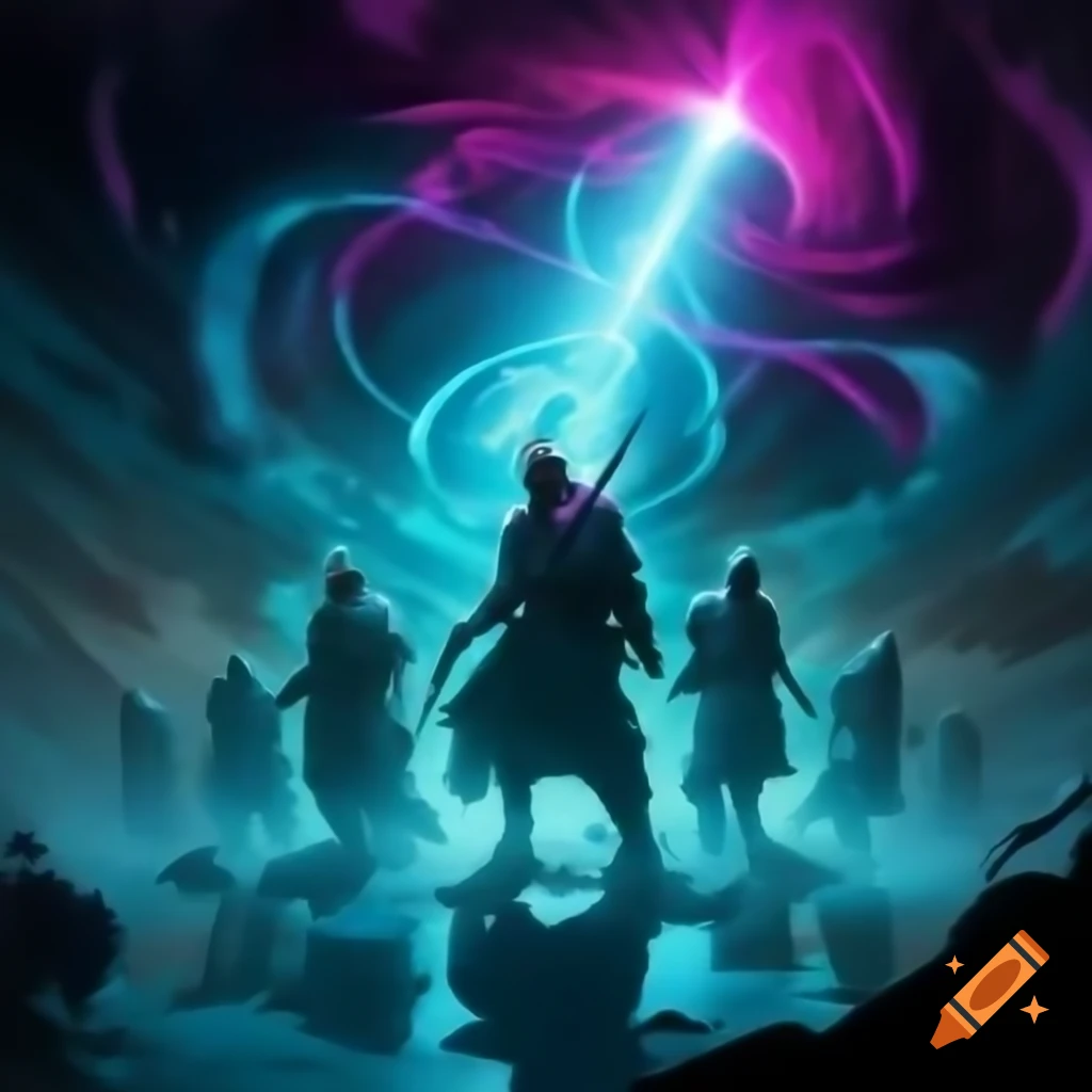 Surreal scene of turquoise warriors in neon vortex, poised for battle ...