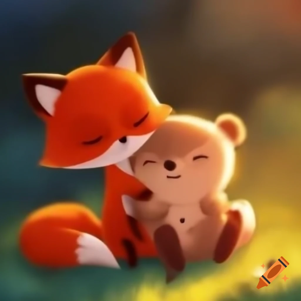 Fox and bear cuddling in a cozy scene on Craiyon