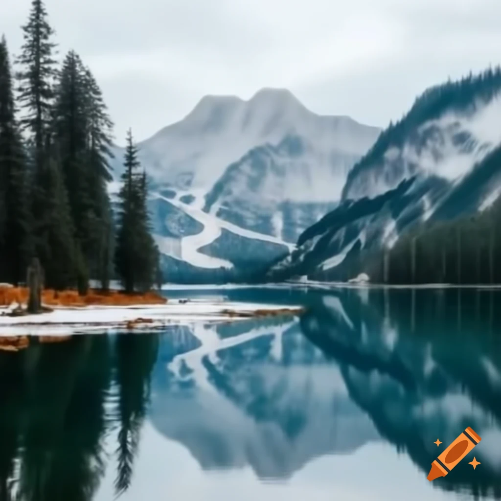 Snowy forest surrounding a serene lake on Craiyon