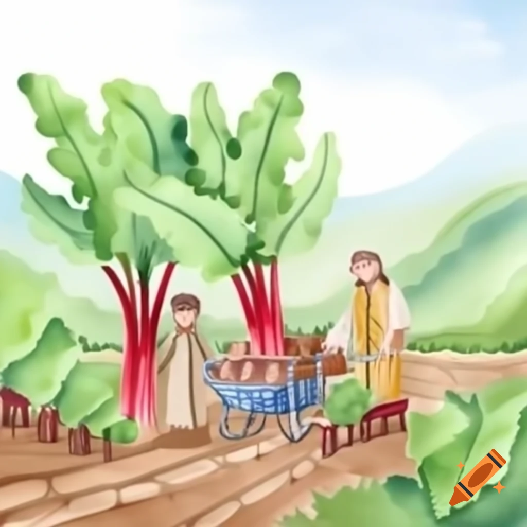 Biblical paradise with lush rhubarb plants in various shades, God ...