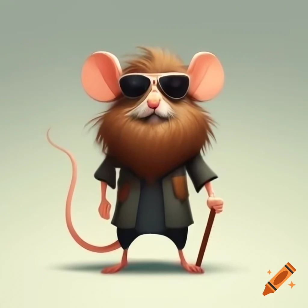 Tall blind mouse with long brown hair, beard, sunglasses, and cane on ...