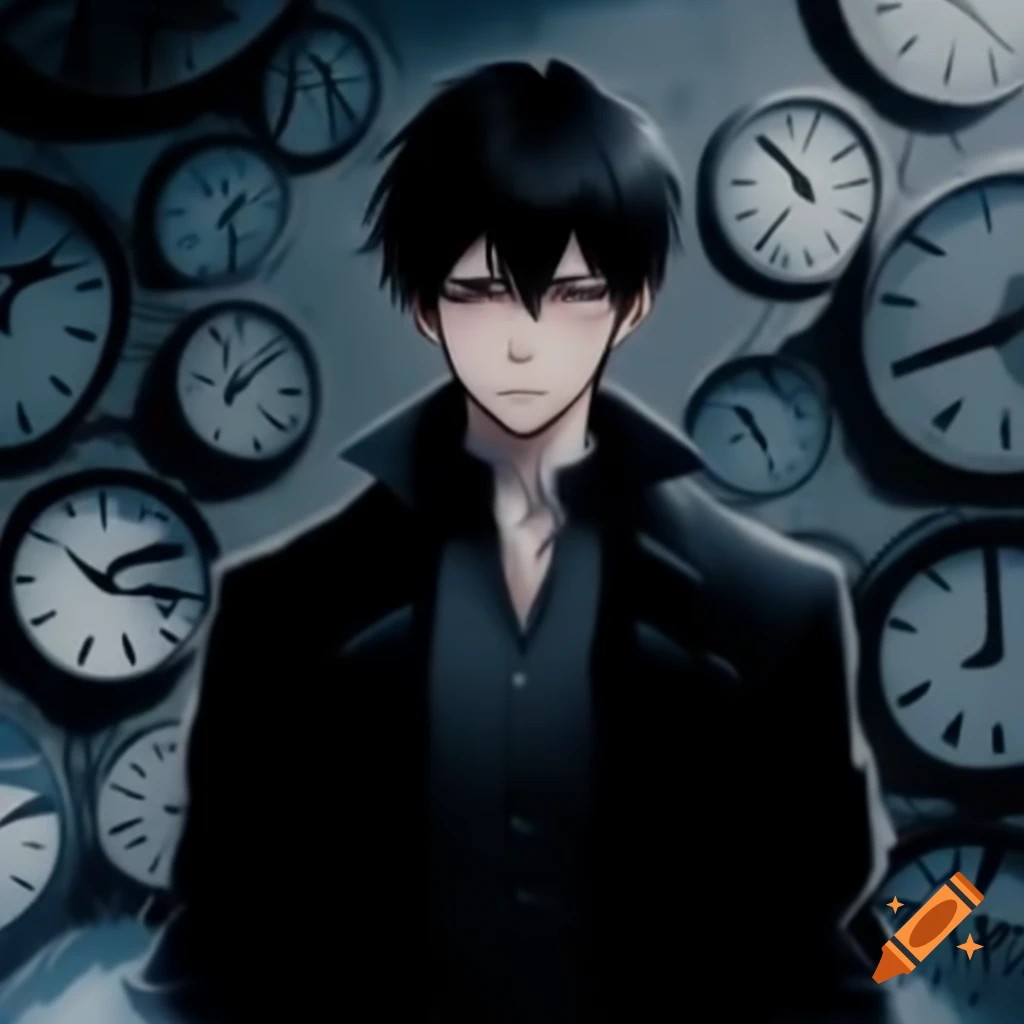 Young man in black overcoat with weary eyes beside a wall of broken clocks on Craiyon