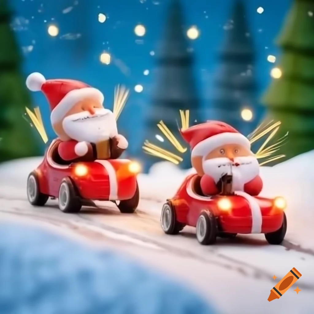 Santa Claus and elves racing miniature cars on snowy track on Craiyon
