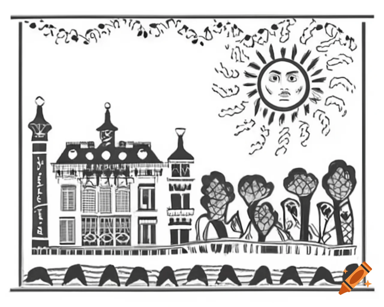 Black and white landscape of sun over palace, medieval manuscript ...