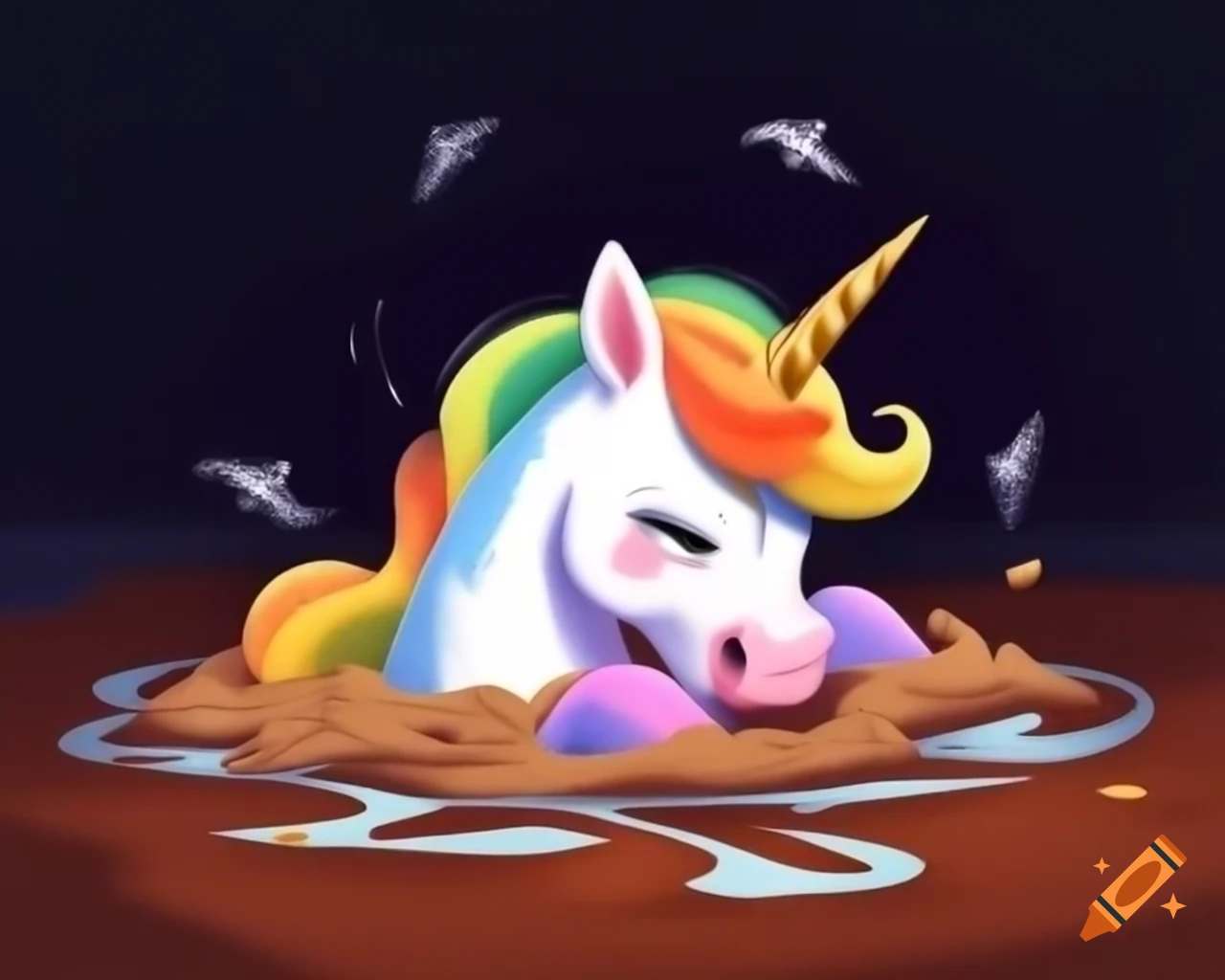 Disney-style colorful unicorn head closeup in mud pit surrounded by ...