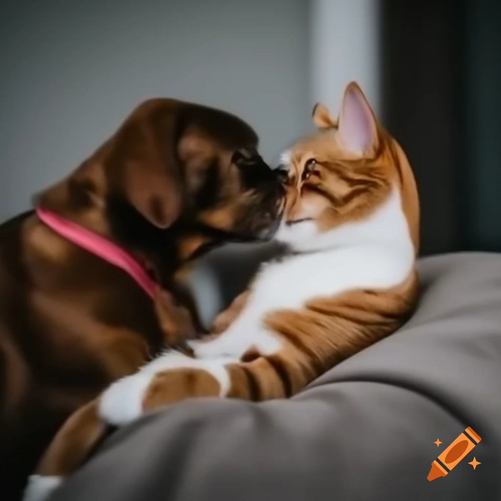 Dog and cat sharing a playful kiss on Craiyon