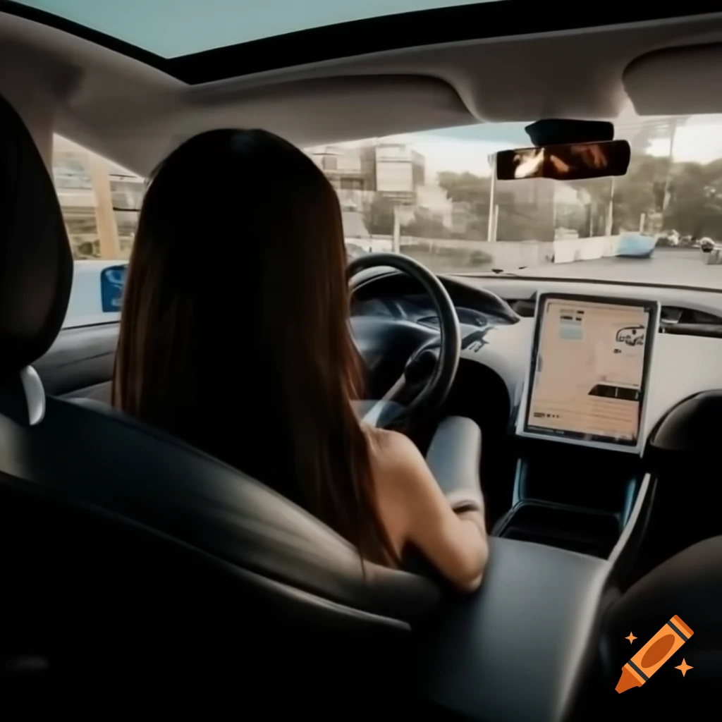 Person with long dark brown hair riding in tesla through city street on ...