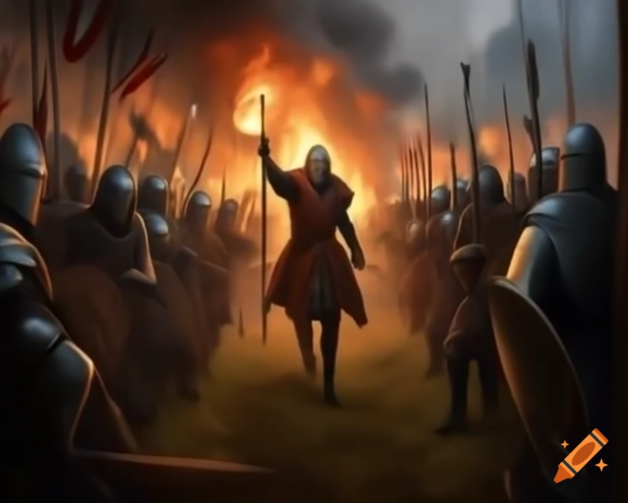 Medieval campfire scene with knights and armed men on Craiyon