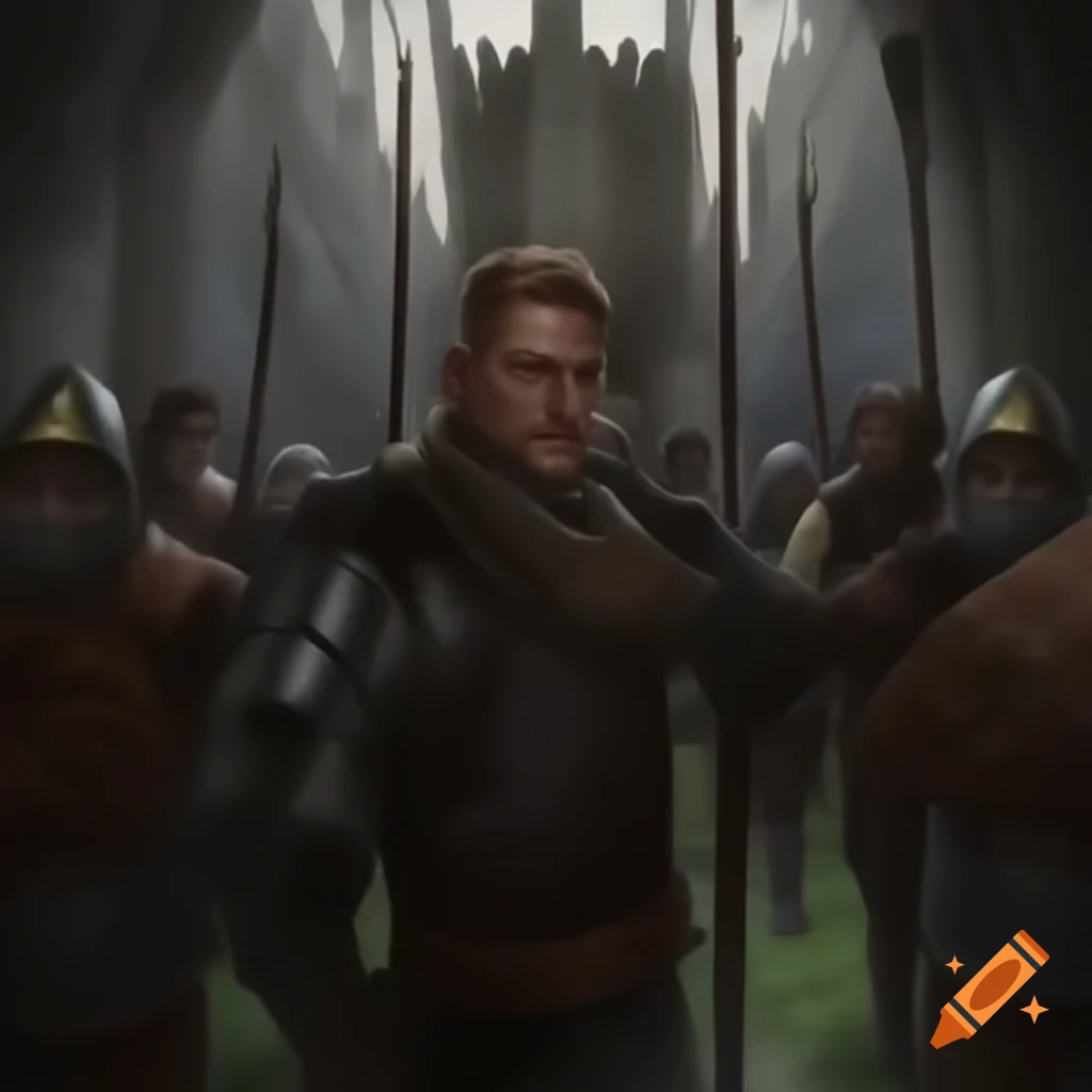 Medieval castle guard and commander discussing defense strategy on Craiyon