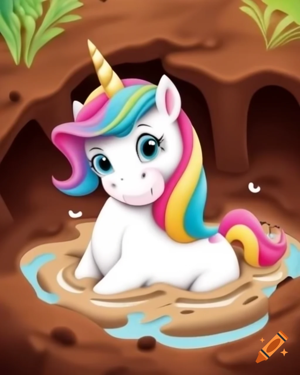 Colorful unicorn head sinking into mud pit with flies, Disney style on ...