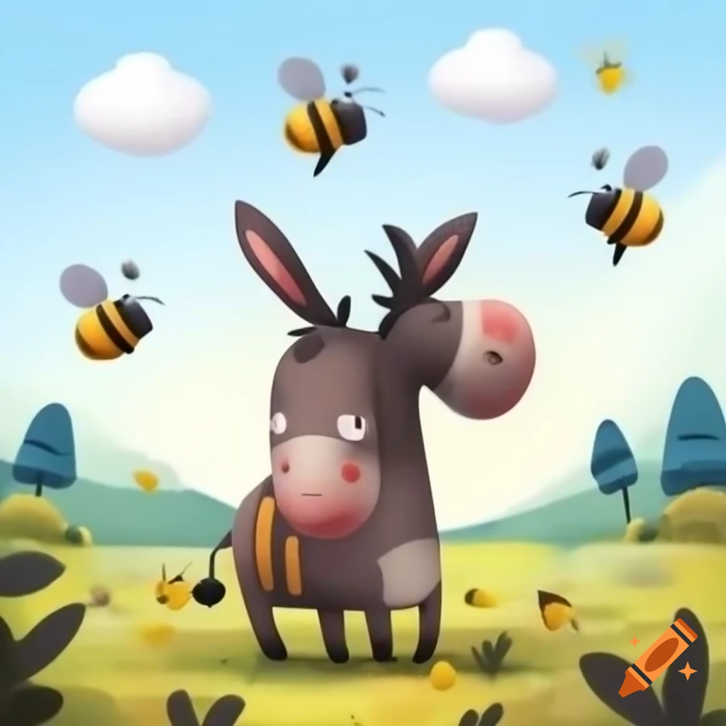 Donkey in field surrounded by bees, conveying idyllic happiness on Craiyon