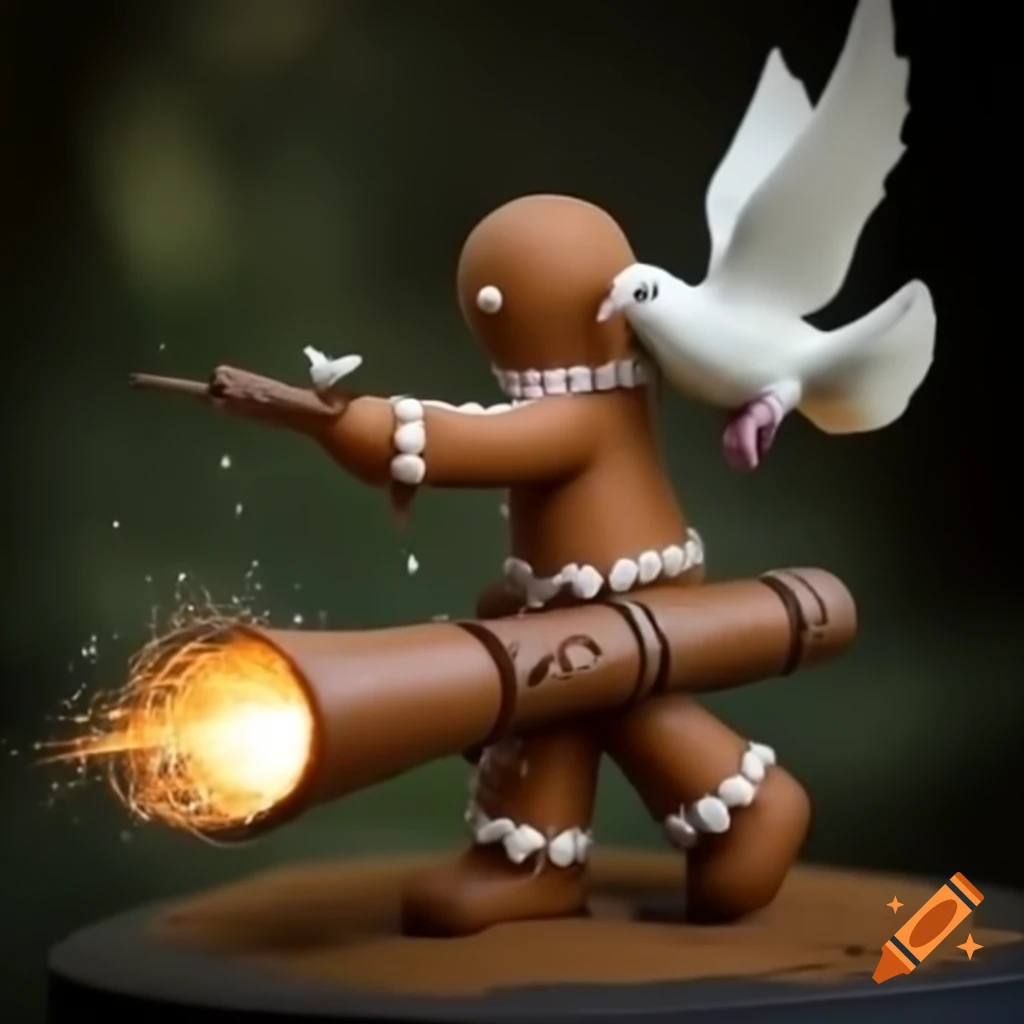Gingerbread man riding dove and shooting gumdrops from bazooka on Craiyon
