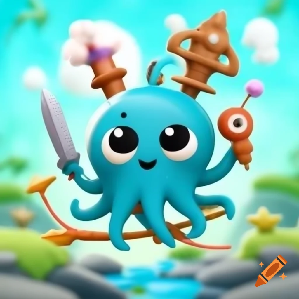 Cheerful cartoon squid with weapons on whimsical adventure on Craiyon