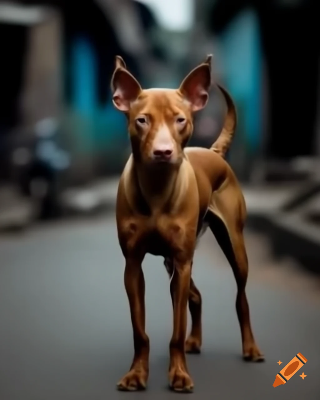 Brown Bangladeshi dog with short ears on neighborhood road on Craiyon