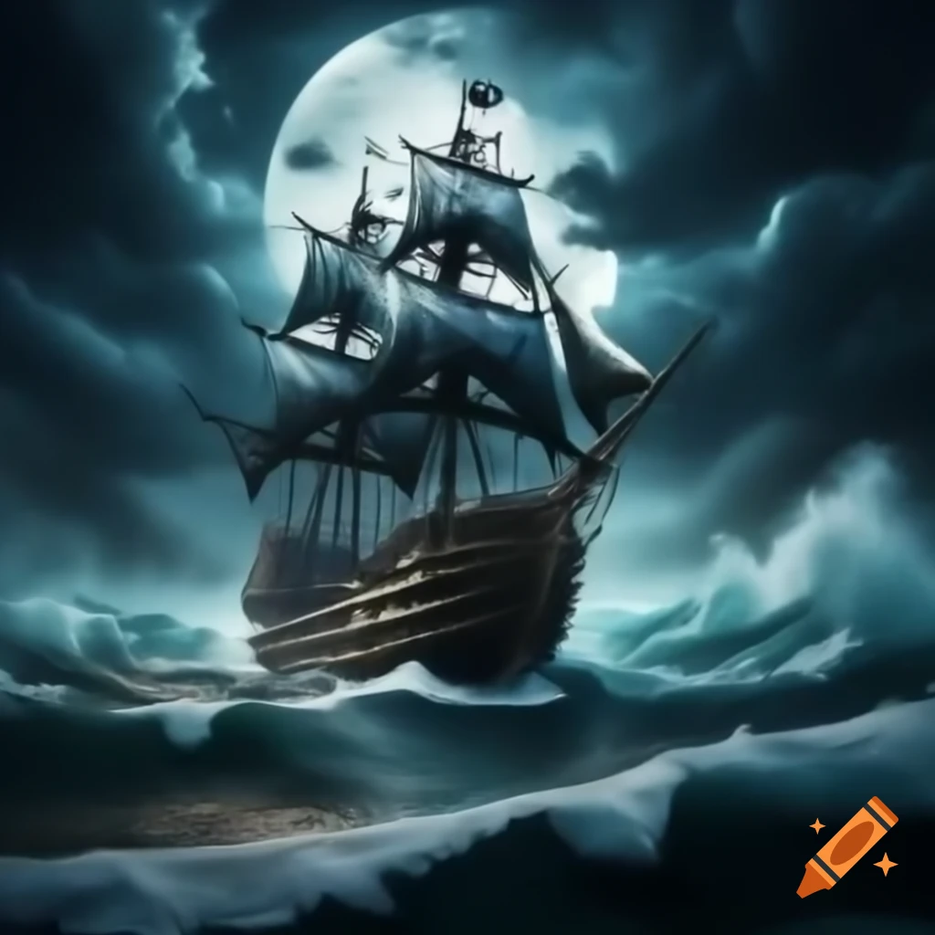 Pirate galleon with angel figurehead sailing through turbulent waves on ...