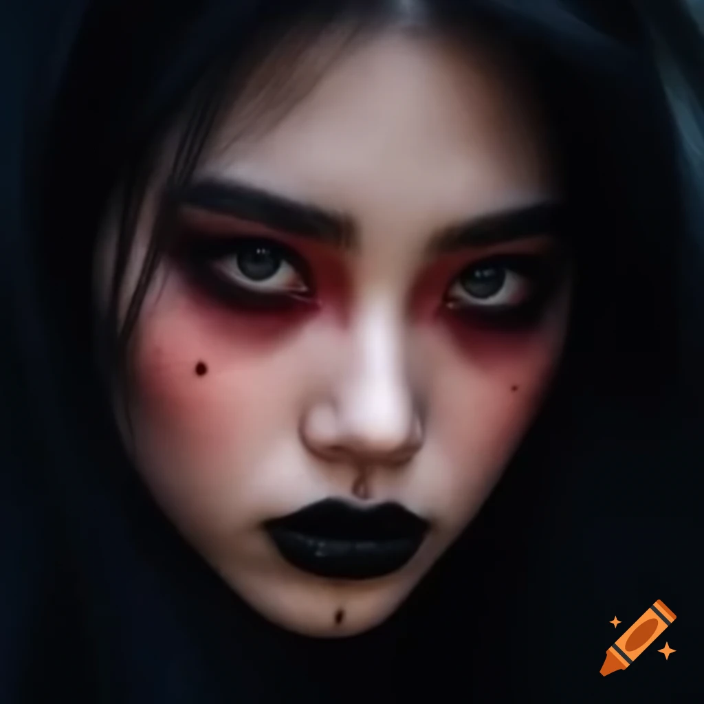 Close-up portrait of woman with dark features and goth style on Craiyon