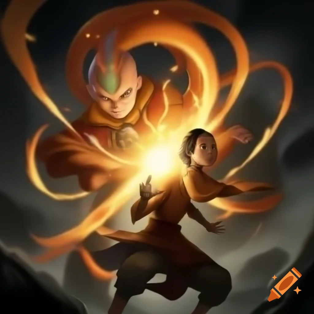 Aang and Firelord Ozai battling with air and fire bending, showcasing ...