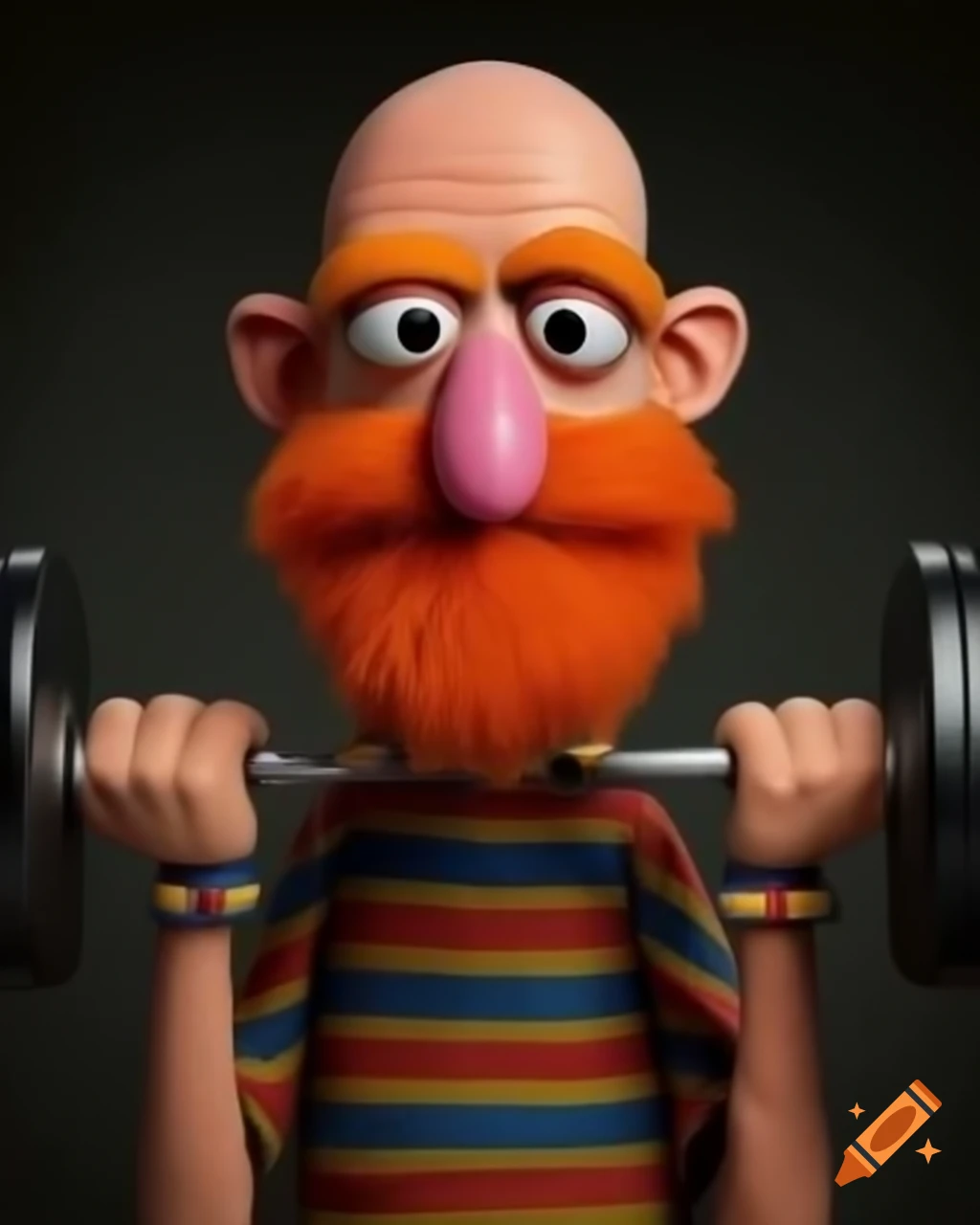 Bald Muppet with orange beard lifting weights on Craiyon