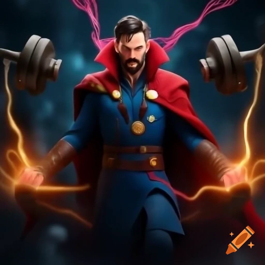 Doctor strange in iconic attire training physically with weights on Craiyon