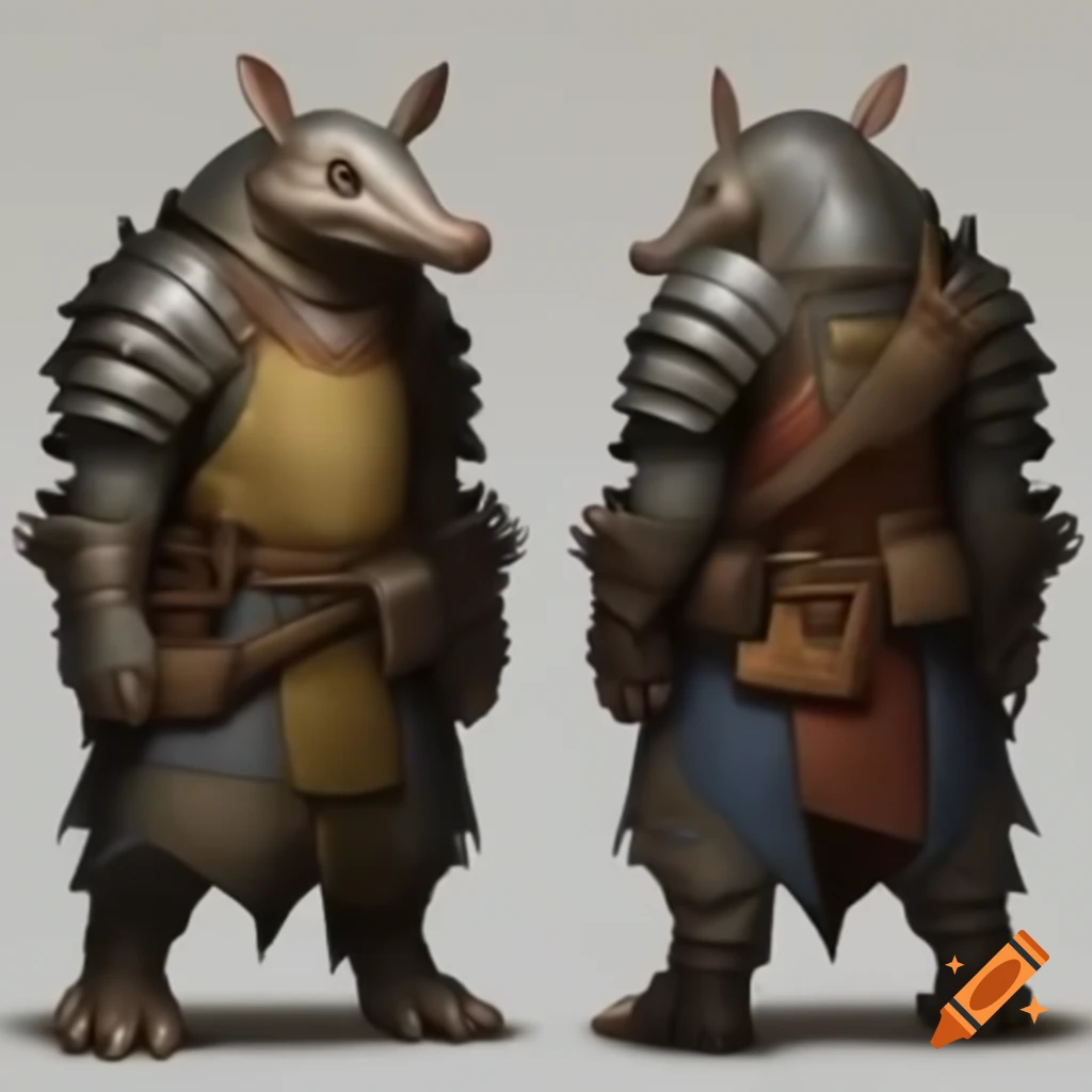 Concept art of medieval anthropomorphic armadillo in detailed armor, front and back view on Craiyon