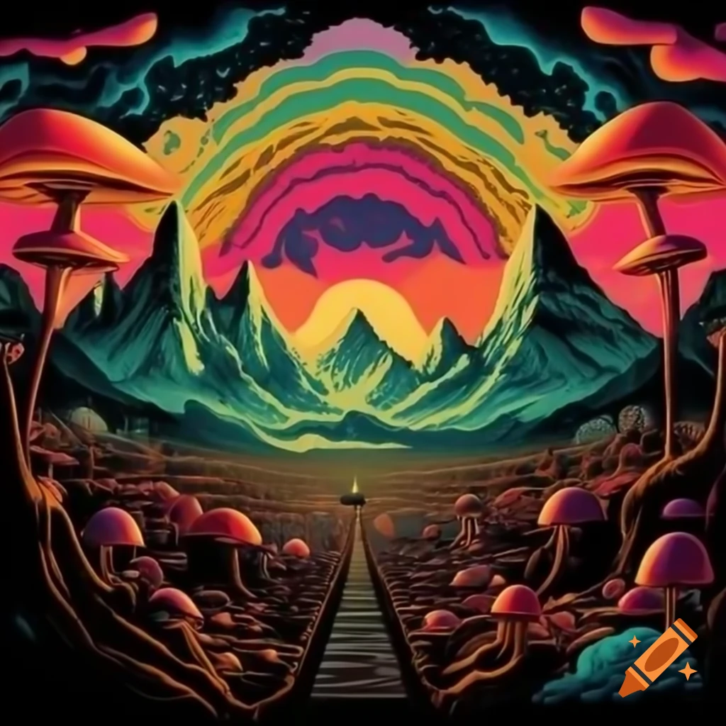 Colorful 70s concert poster with mountains and psychedelic mushrooms in ...