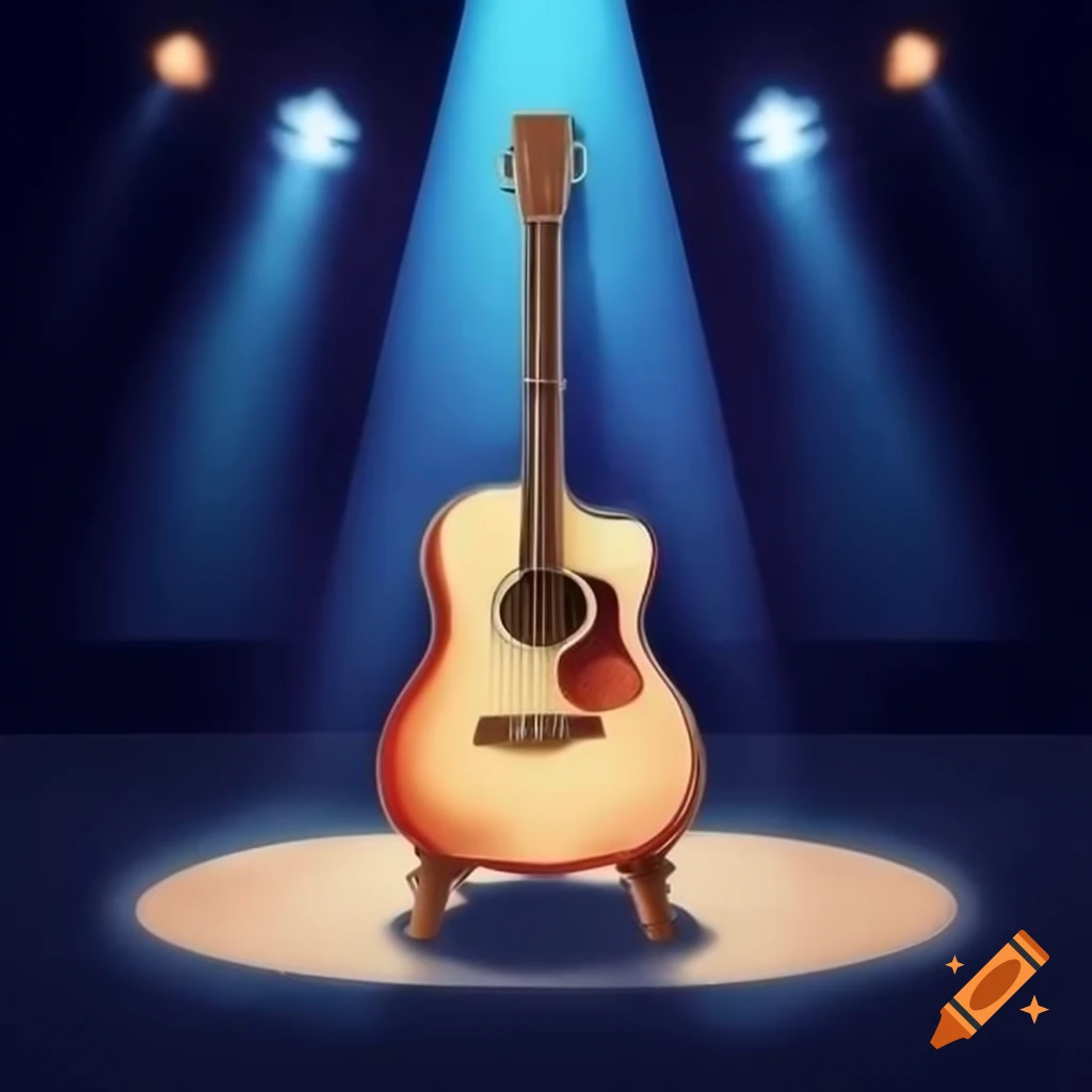 Acoustic guitar on stool under spotlight on empty stage on Craiyon