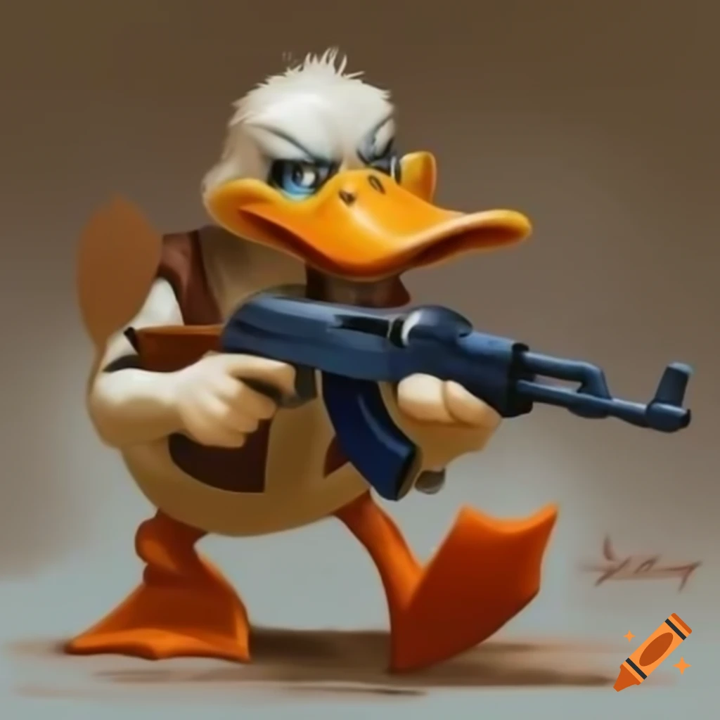 Cartoon duck playfully holding a toy ak-47, contrasting innocence with ...