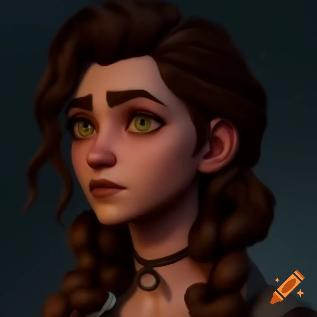 Female character with wavy brown hair in arcane art style on Craiyon
