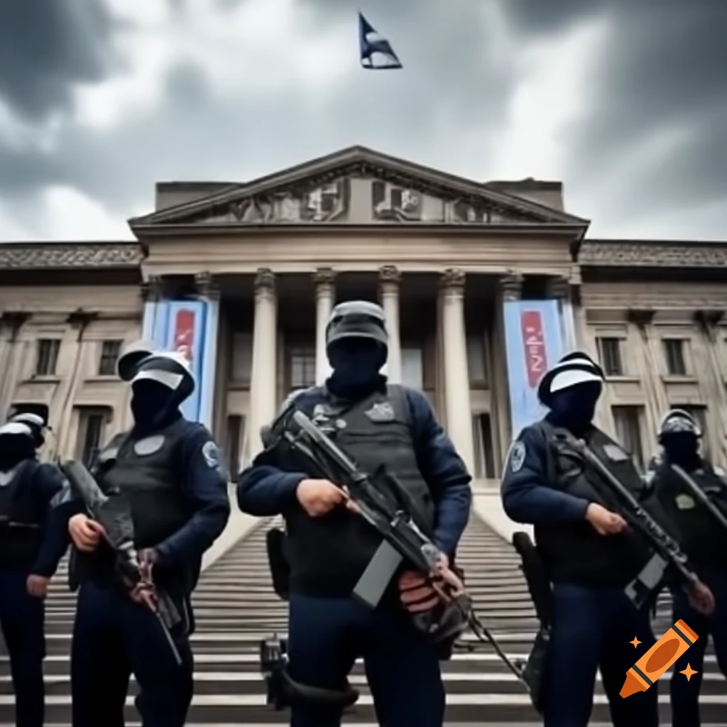 Realistic police station facade with patrol cars and cloudy sky on Craiyon