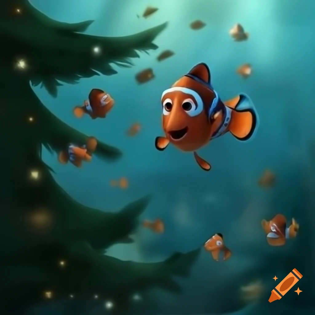 Nemo fishes swimming around Christmas tree with star, festive scene on ...