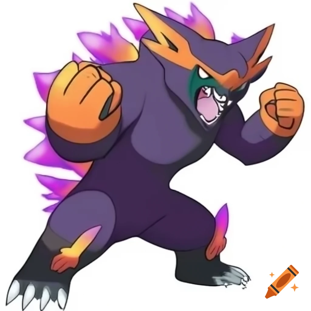 Colorful evil-looking bear Pokemon with purple, orange, and green flame ...