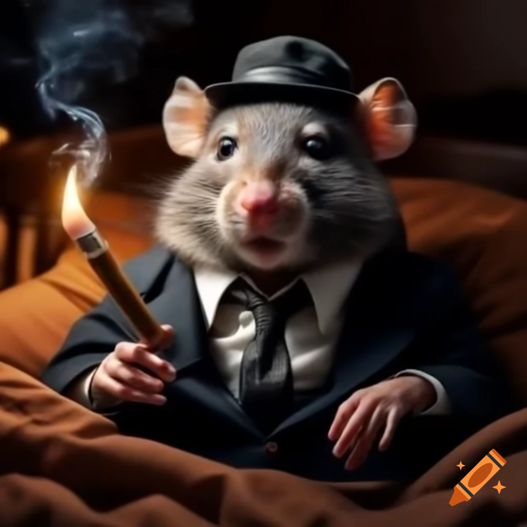 Gangster rat in bed with cigar, playful illustration on Craiyon