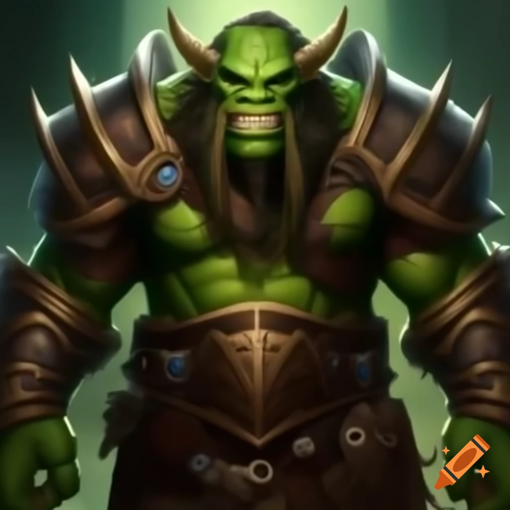 Green-skinned orc paladin in shining armor wielding a flail on Craiyon