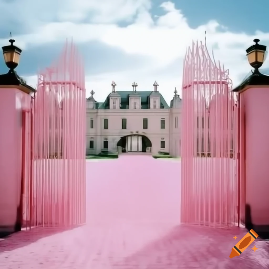Magnificent mansion with extravagant pearly pink gate glistening in ...